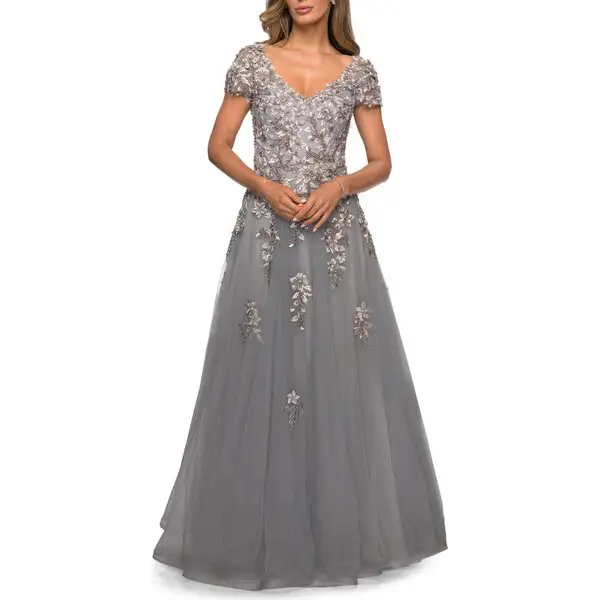 LABOMME Short Sleeve A-line Gown With Beaded Lace Appliques
