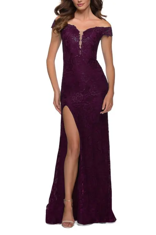 LABOMME Lace Off-the-shoulder Gown With Deep V Neckline - Dark Berry
