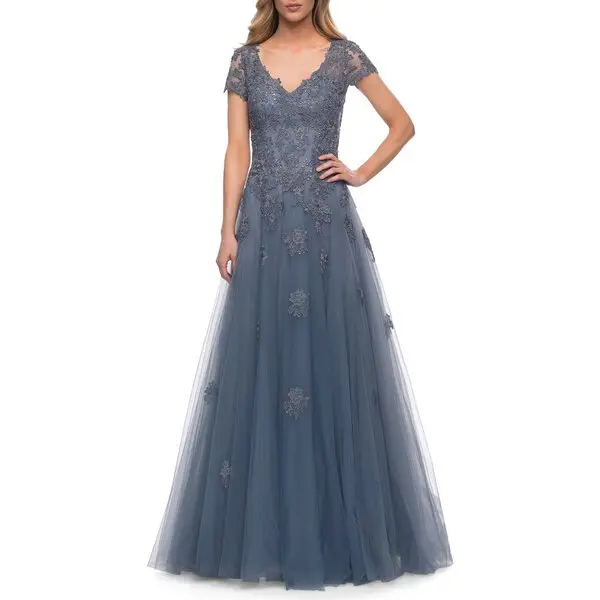 LABOMME Tulle A-line Gown With Lace Applique - Slate