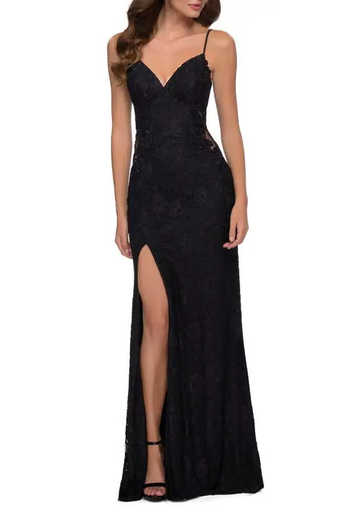 LABOMME Lace Gown With Sheer Sides And Open Back - Black