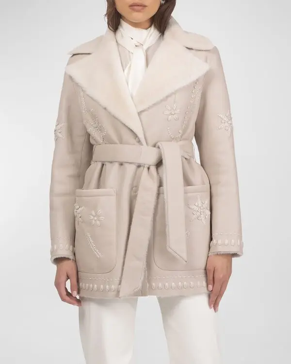Gorski Embroidered Lamb Shearling Wrap Jacket - Cream