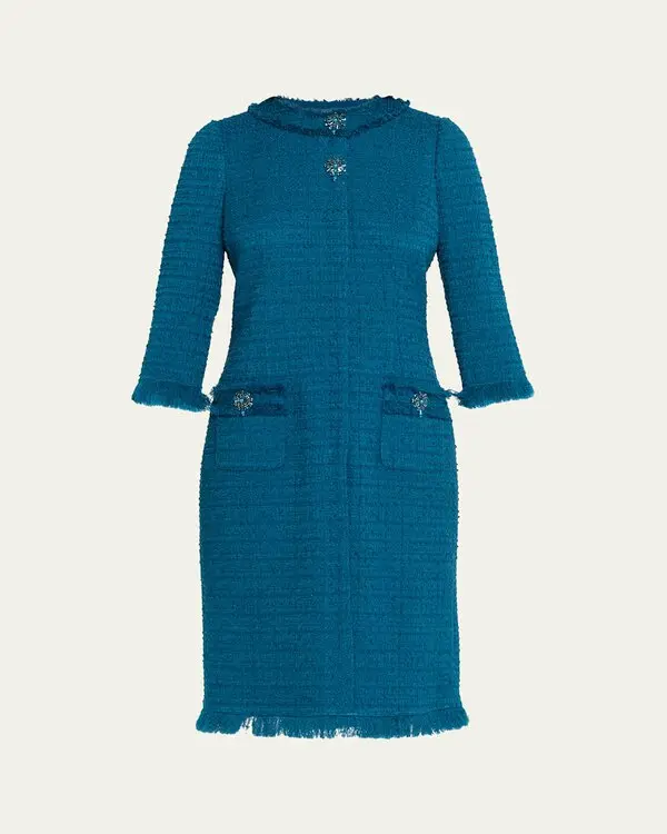Rickie Freeman For Teri Jon Fringe-trim Boucle Dress - Teal