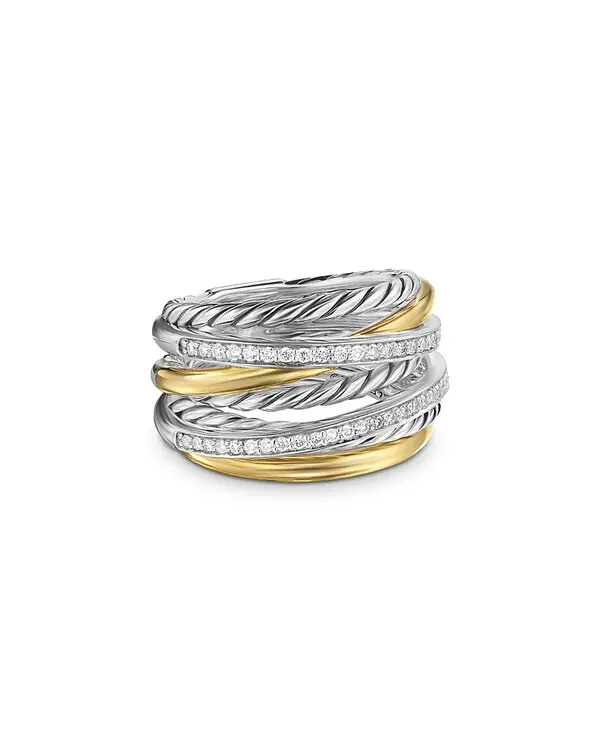 David Yurman Crossover Ring In Sterling Silver, 18k Yellow Gold & Diamonds