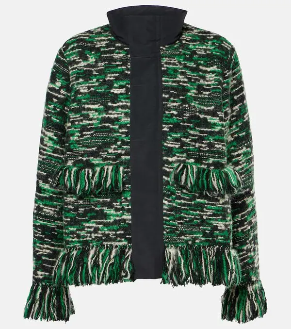 Sacai Fringed Wool-blend Tweed Jacket - Green