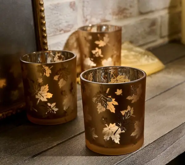 VALERIE PARR HILL As Is S/3 Illum Autumn Leaves Glass Votives Valerie