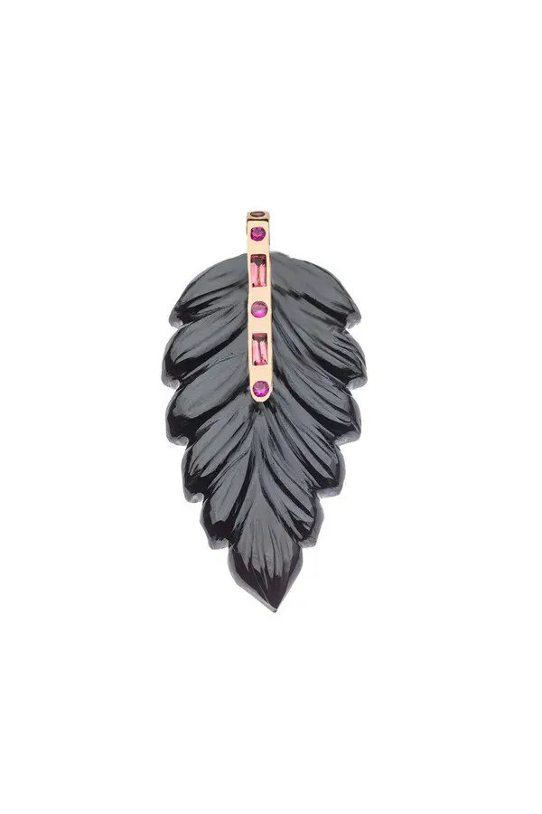 JANE WIN Lucky Carved Onyx Feather Pendant In Solid