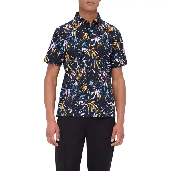 Bugatchi Hendrix Digital Leaf Print Pima Cotton Polo - Black