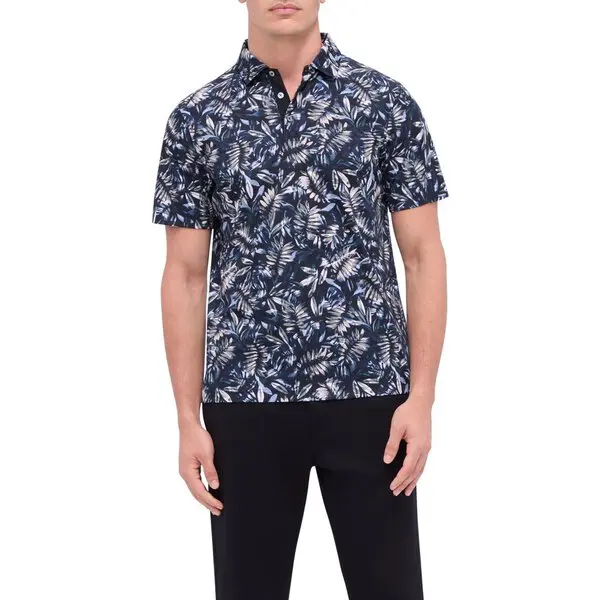 Bugatchi Hendrix Digital Leaf Print Pima Cotton Polo - Black
