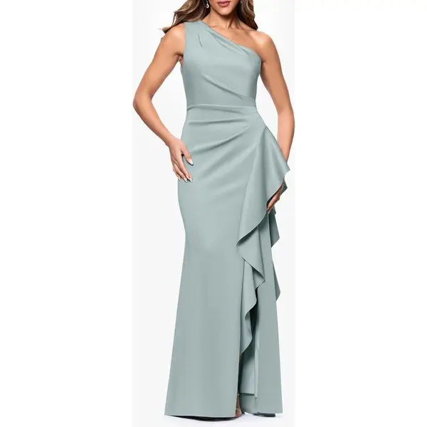 XSCAPE EVENINGS One-shoulder Ruffle Scuba Crepe Gown - Sage