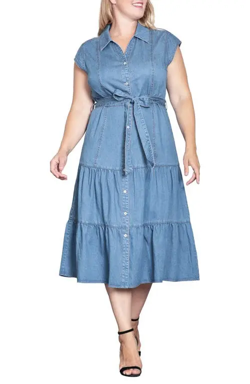 STANDARDS & PRACTICES Tiered Denim Midi Shirt Dress