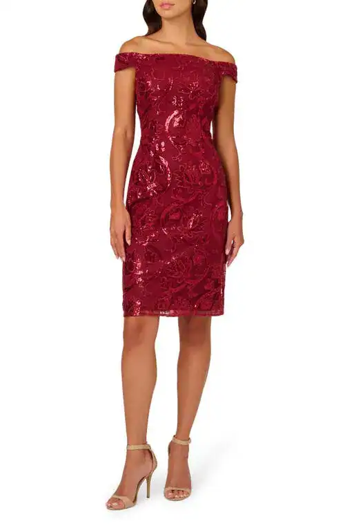 Adrianna Papell Sequin Off The Shoulder Sheath Dress - Garnet | Editorialist