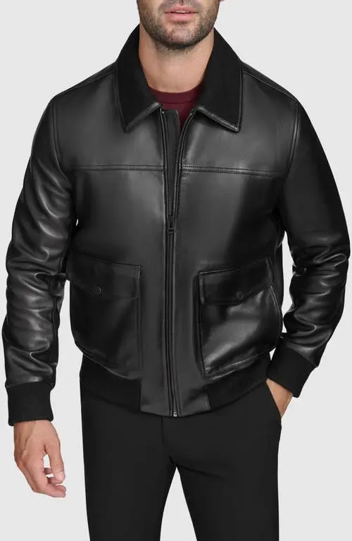 Cole Haan Leather Jacket With Knit Trim - Black