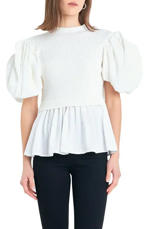 English Factory Mixed Media Puff Sleeve Top