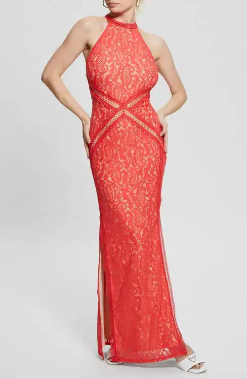 Guess Liza Lace Dress - Vivacious Coral | Editorialist