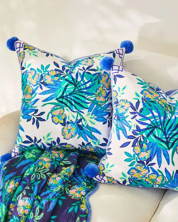 Lilly Pulitzer Printed Pillow Cover With Pom Poms Resort White