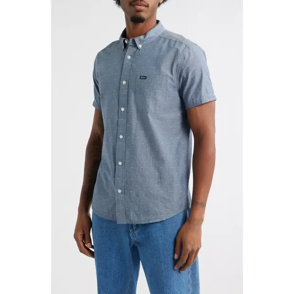 Rvca That'll Do Slim Fit Solid Short Sleeve Cotton Button-down Shirt - Dark Denim