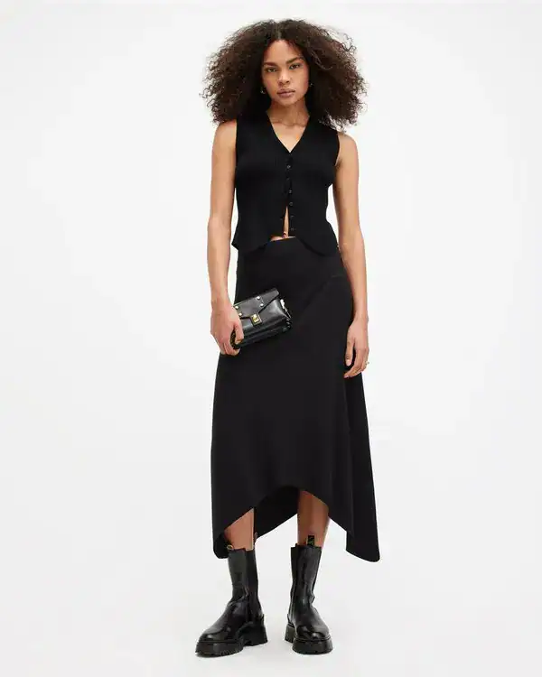 gia asymmetrical ribbed midi dress Allsaints Gia Ribbed Asymmetric Midi Dress In Sage Green