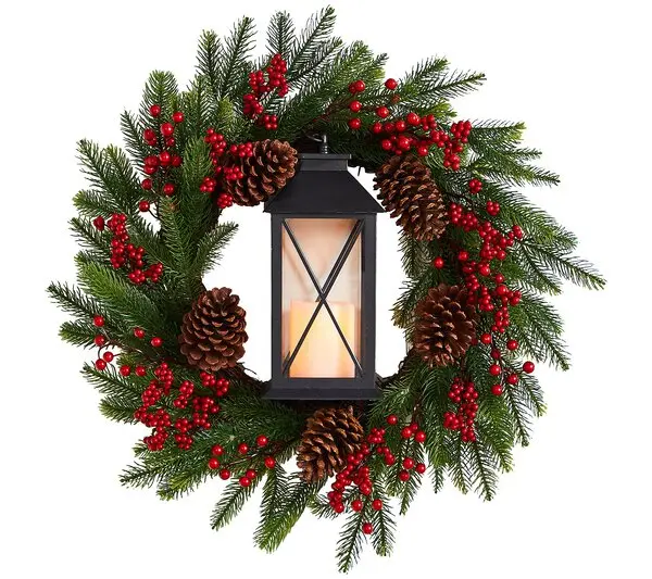NEARLY NATURAL 28' Berries & Pine Wreath W/lant Ern