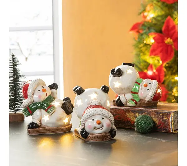 GLITZHOME Led Lighted Ceramic Tumbling Snowmen Able Decor S/3