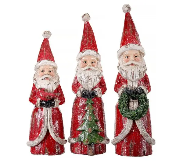 VALERIE PARR HILL 8.5'-10' Wood Carved Santa Set Of 3 Valerie