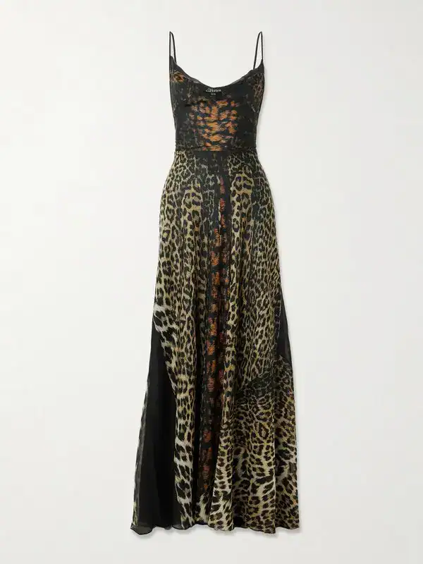 white christmas dresses Jean Paul Gaultier Soleil Embroidered Leopard Mesh Maxi Dress – Recess main image 0