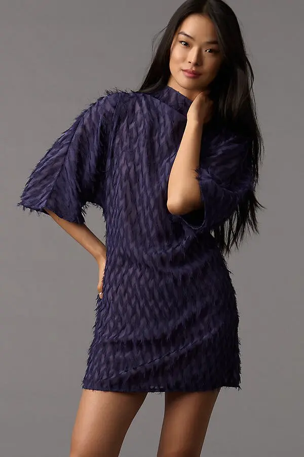 anthropologie blue dress short Anthropologie Short-Sleeve Fringe Mini Dress In Blue - 41% Off