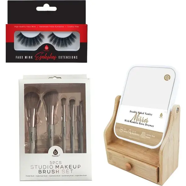 PURSONIC 5pc Studio Makeup Brush Set + False Eyelashes Extensions + Dual-sided Vanity Mirror