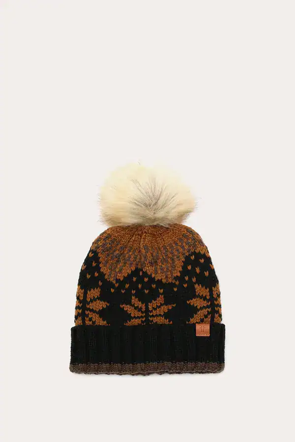 Frye Womens Fair Isle Beanie WCuff & Faux Fur Pom