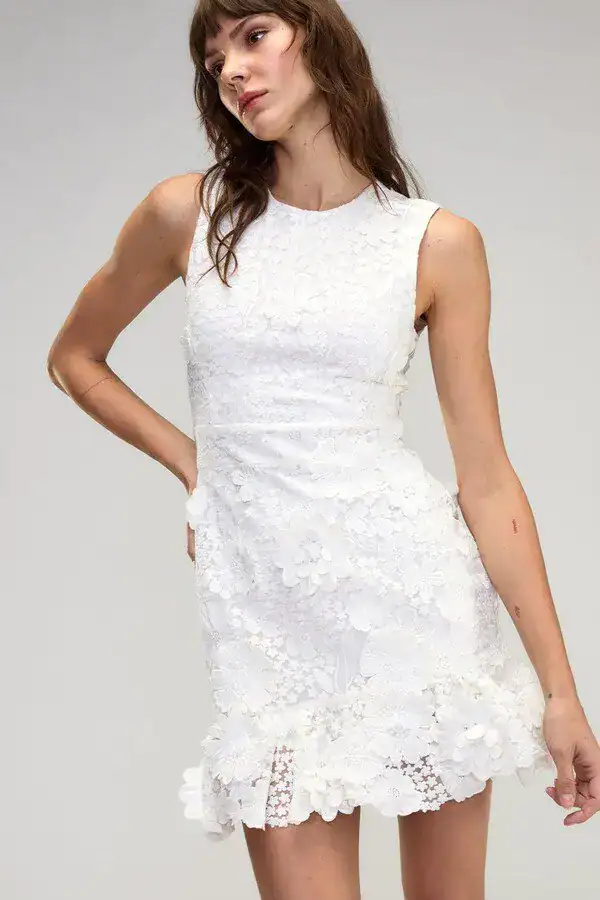 lace and pearl wedding dress 3D Flower Pearl Lace A-line Floor Length Wedding Dress Light Ivory