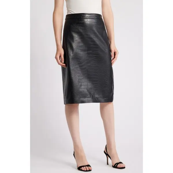Kobi Halperin Croc Embossed Faux Leather Midi Skirt