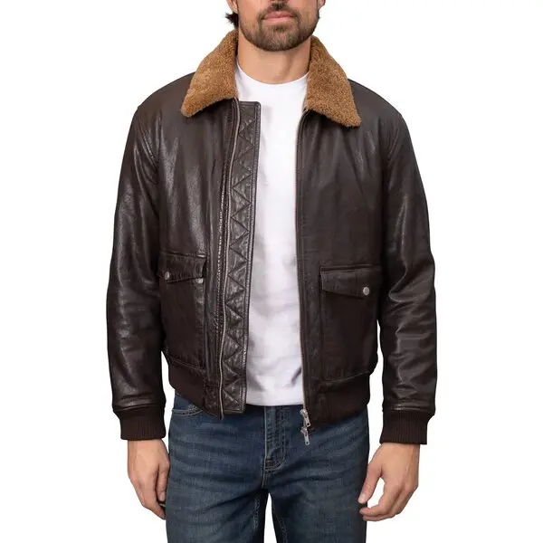 Bagatelle Washed Leather Aviator Jacket With Shearling Collar