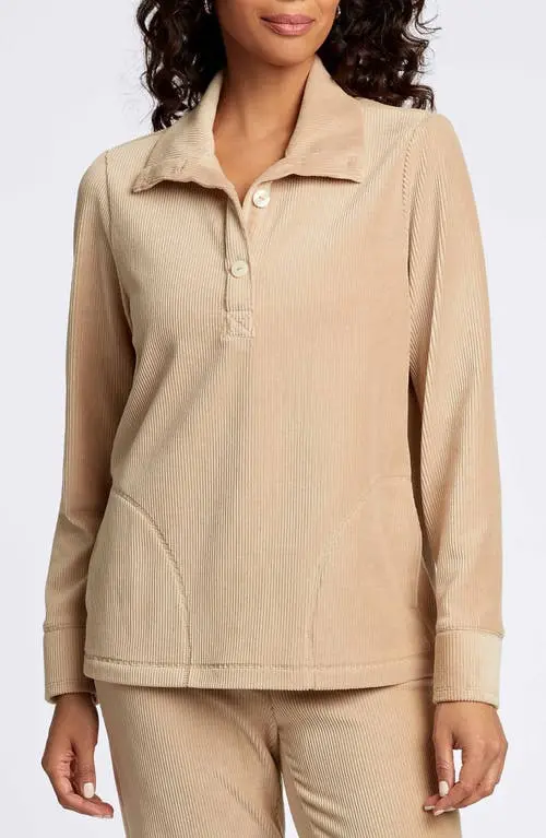 Foxcroft Sammy Corduroy Polo Sweater - Khaki