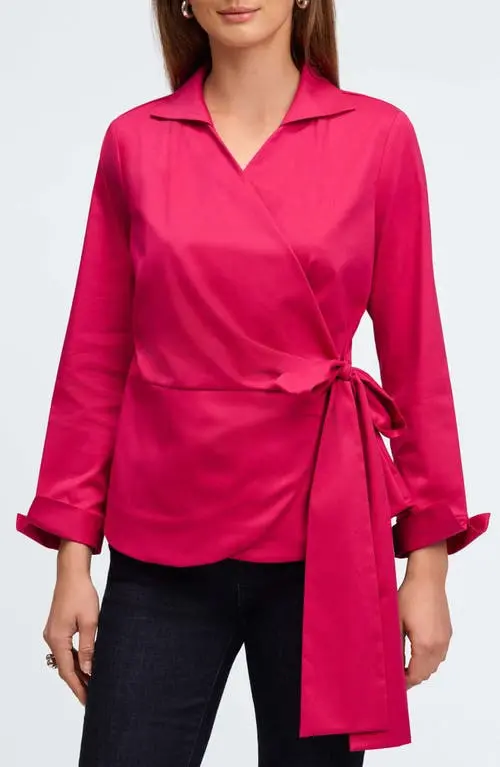 Foxcroft Salina Stretch Cotton Blend Wrap Shirt - Ruby Pink