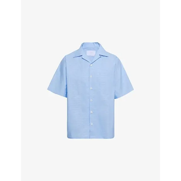 Prada Brand-stripe Pattern Short-sleeve Relaxed-fit Cotton Shirt - Light Blue