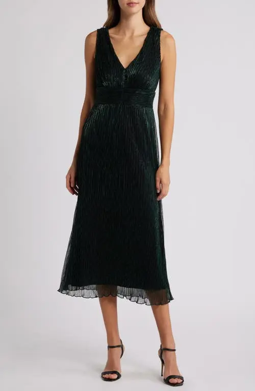 Connected Apparel Metallic Pliss Cocktail Dress - Hunter | Editorialist