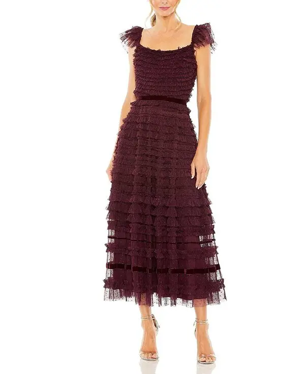 Mac Duggal Ruffle Cap Sleeve Tiered Midi Dress - Amethyst