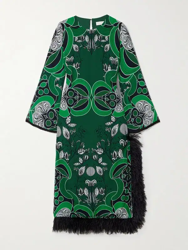 Borgo De Nor Seraphina Crystal-Embellished Feather-Trimmed Midi Dress In  Green - 40% Off | Editorialist