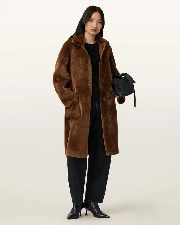 All Saints Serra Reversible Shearling Coat - Conker Brown