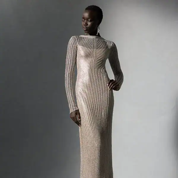 Ralph Lauren Metallic Knit Evening Gown In Platinum - 30% Off | Editorialist