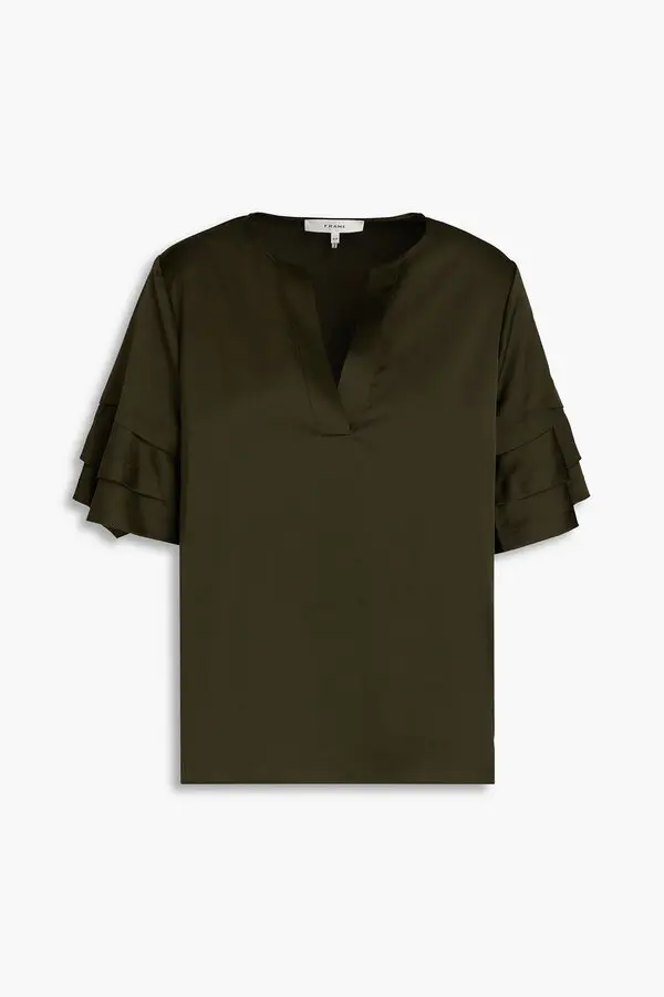 FRAME Ruffled Satin Blouse - Army Green