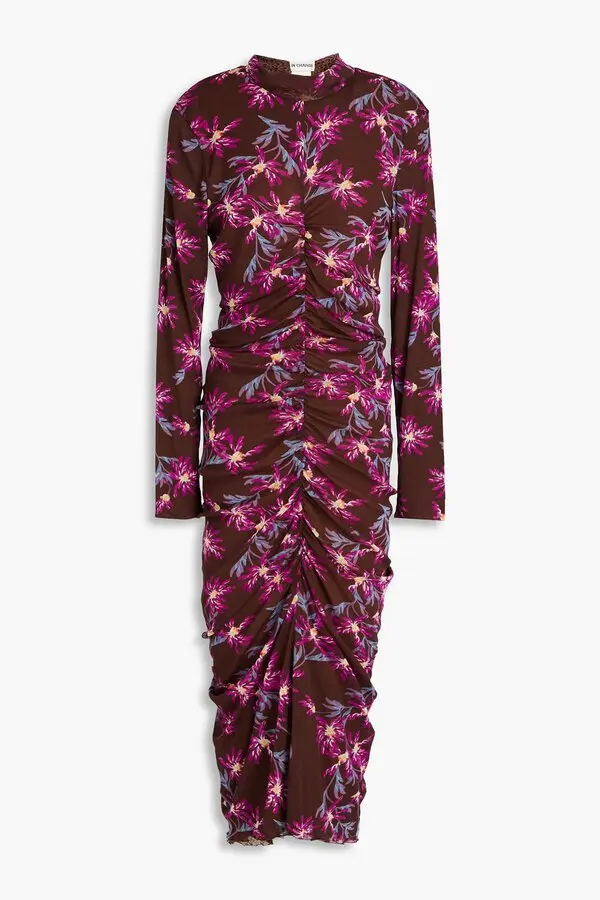 Diane Von Furstenberg Pansy Ruched Floral-print Stretch-mesh Midi Dress - Brown