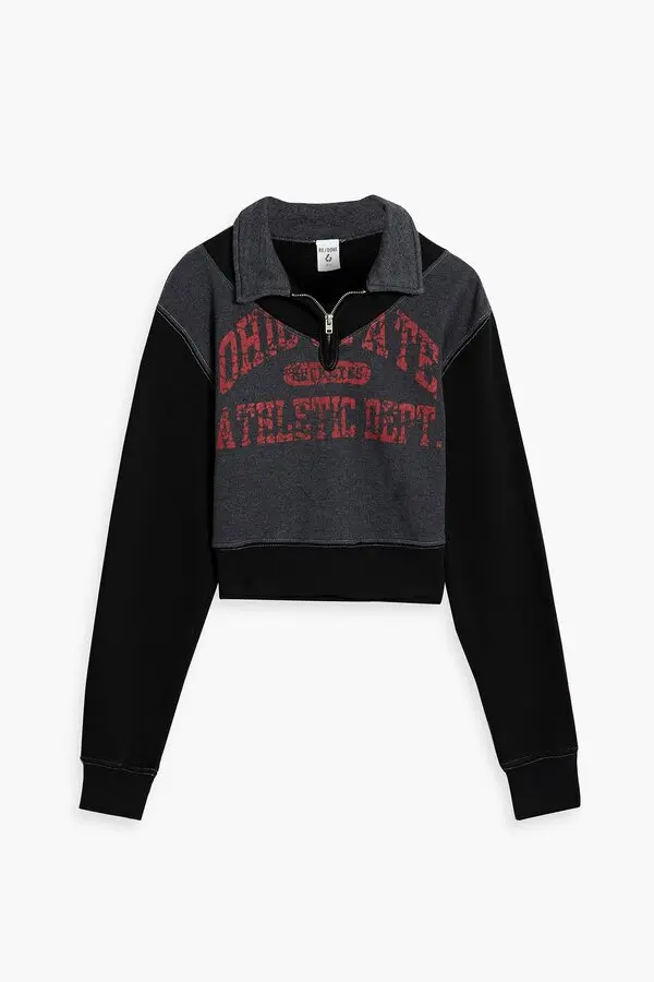 RE/DONE 90s Cropped Printed Cotton-blend Fleece Half-zip Sweatshirt - Charcoal