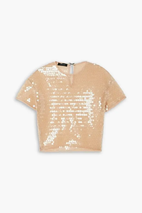 MUGLER Cropped Sequined Stretch-tulle Top - Neutral