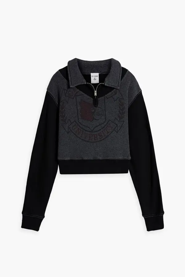 RE/DONE 90s Cropped Printed Cotton-blend Fleece Half-zip Sweatshirt - Dark Gray