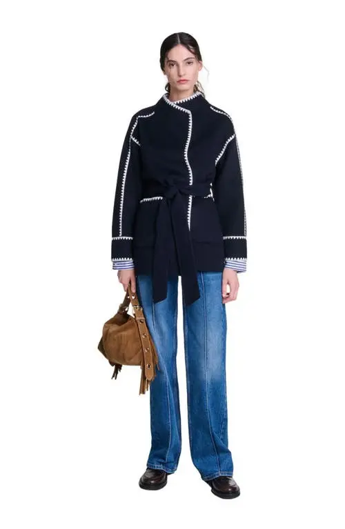 Maje Double-faced Coat - Navy/white