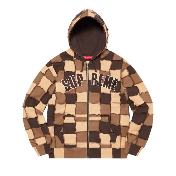 Supreme Reverse Patchwork Zip Up Hooded Sweatshirt - Brown