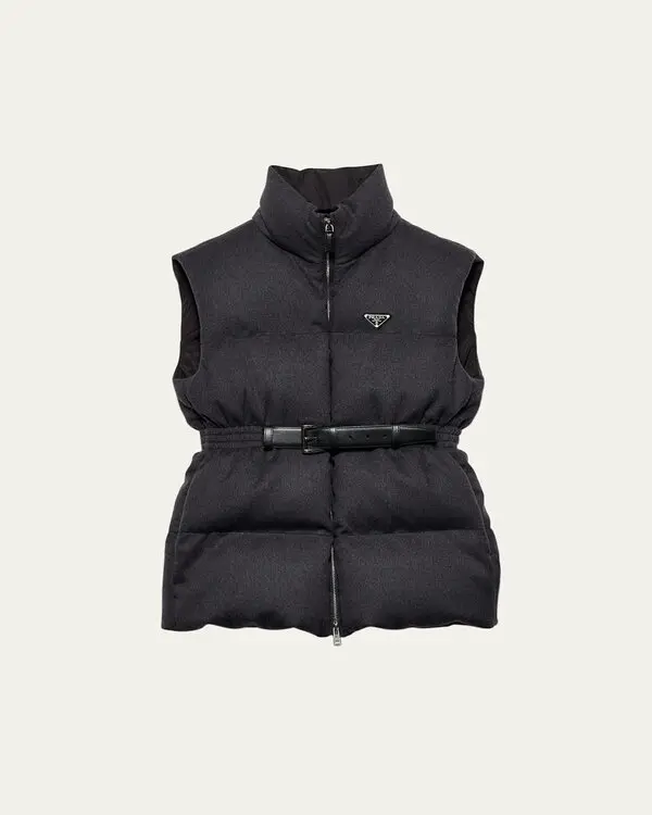 Prada Leather Belted Wool Puffer Vest - Ardesia
