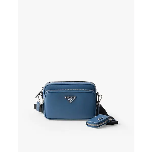 Prada Saffiano Leather Shoulder Bag With Brand Plaque - Blue
