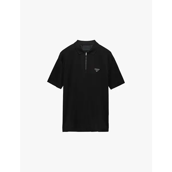 Prada Brand-plaque Boxy-fit Cotton-piqué Polo Shirt - Black