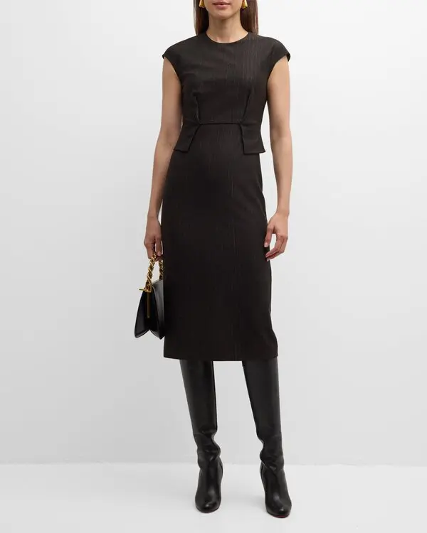 John Pinstripe Jersey Peplum Midi Dress Brown Editorialist
